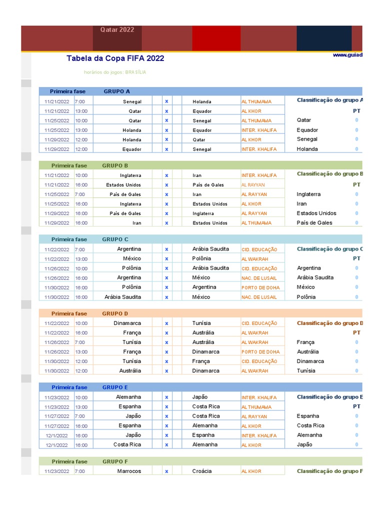 Jogos da Copa 2022: Tabela Completa | PDF | Seleção Inglesa de Futebol ...
