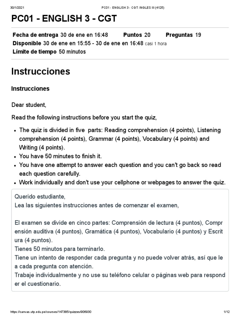 PC01 - English 3 - CGT - Ingles Iii (4125) | PDF