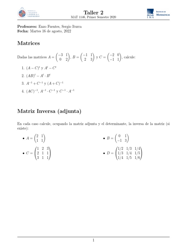Taller 2 (Matriz Inversa (Adjunta) ) | PDF
