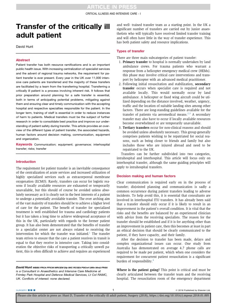 Transfer of The Critically Ill Adult Patient | PDF | Intensive Care ...