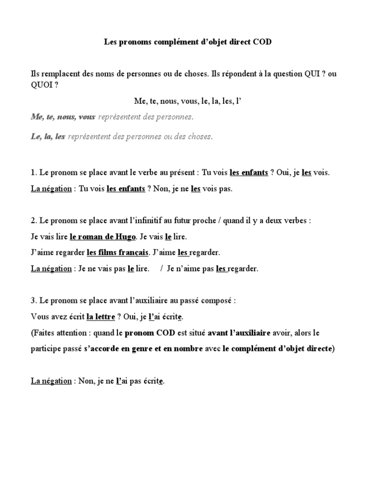 Les Pronoms | PDF | Complément d'objet | Verbe