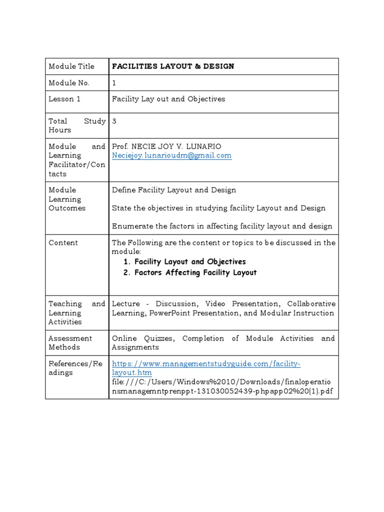 Module 1 - Objectives of Faciltity Layout and Design | PDF | Safety | Employment