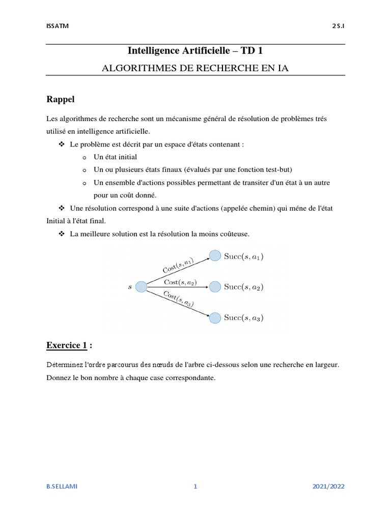 Algorithmes de Recherche en Ia: Intelligence Artificielle - TD 1 ...