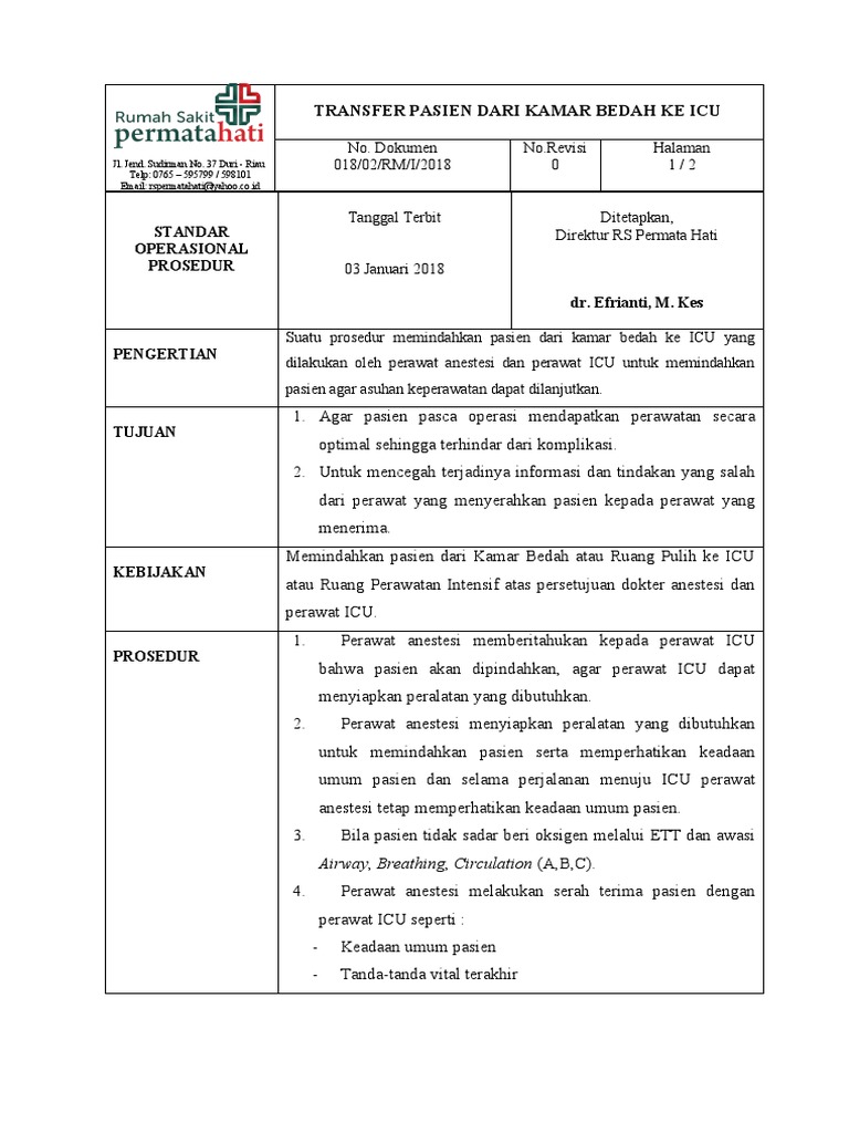 Sop Transfer Pasien Dari Kamar Bedah Ke Icu | PDF