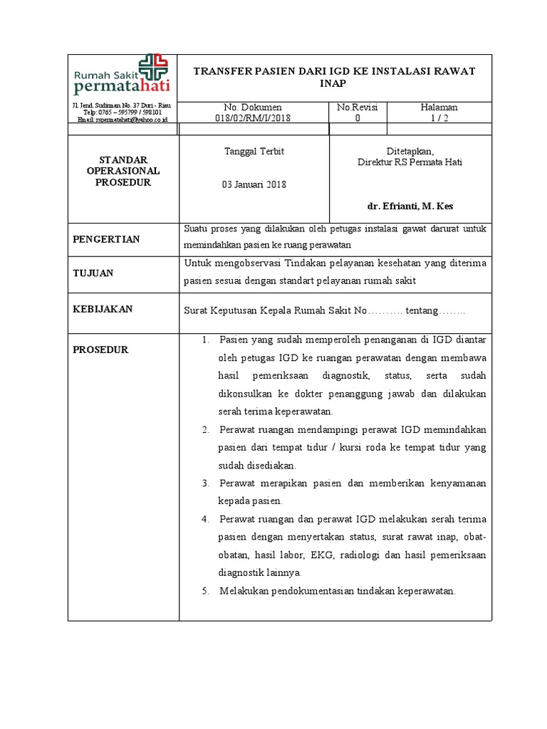 SOP Transfer Pasien IGD ke Rawat Inap | PDF