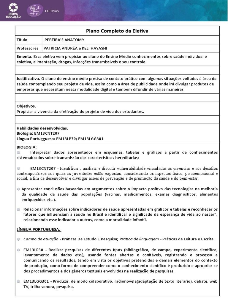 Plano de Eletiva - 2022 | PDF | Vida | Science