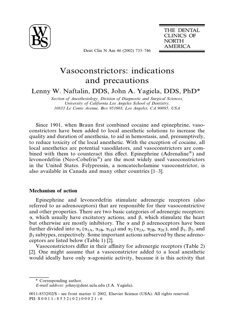 Vasoconstrictors in Dental Anesthesia | PDF | Anesthesia | Antidepressant