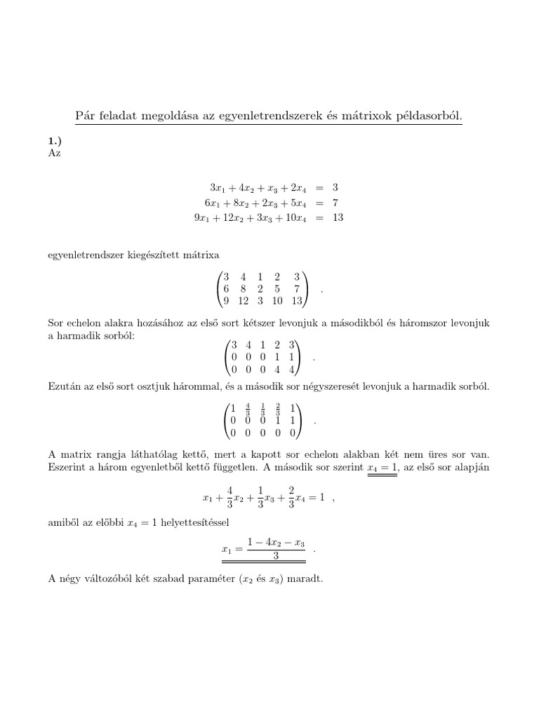 Pár Feladat Megoldása Az Egyenletek És Mátrixok Témakörből | PDF