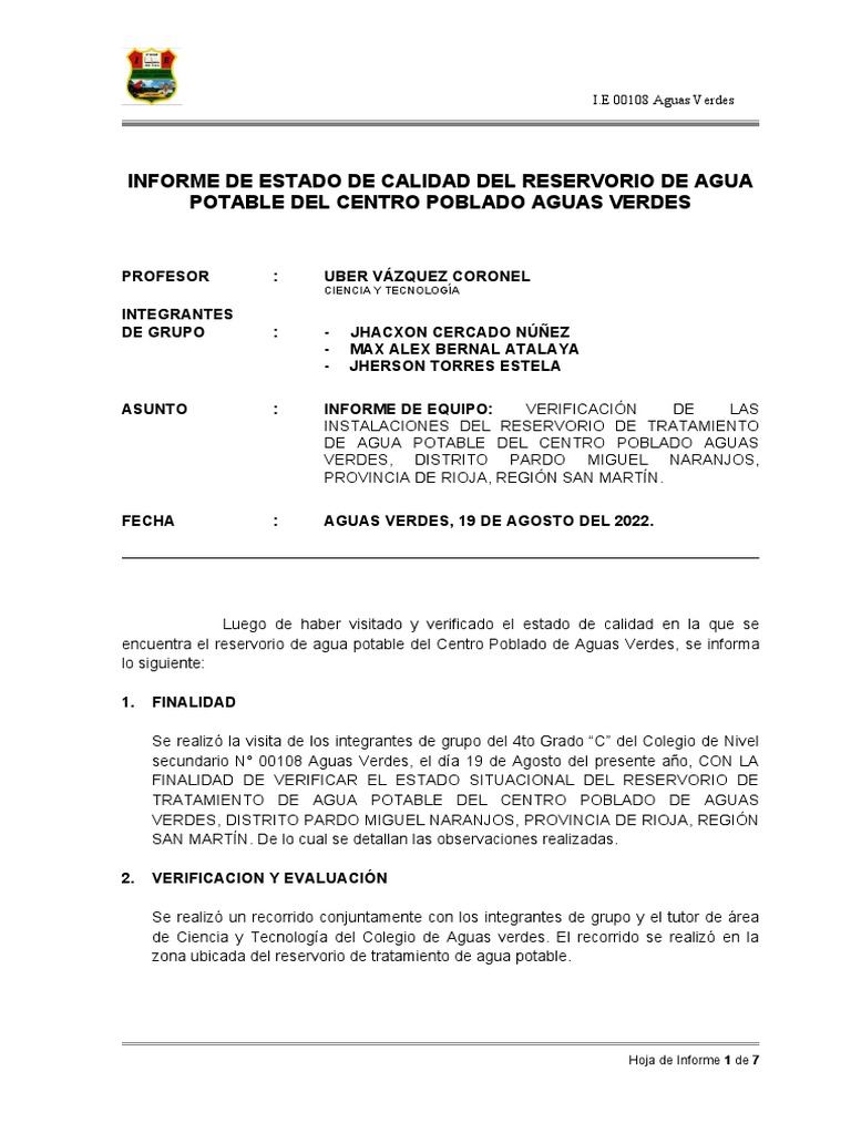 Informe de Estado de Calidad Del Reservorio de Agua Potable Del Centro Poblado Aguas Verdes ...