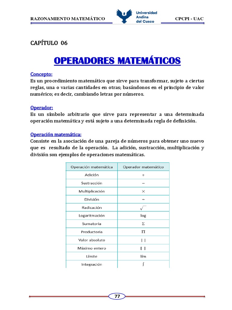 Operadores Matematicos | PDF | Matemáticas | Multiplicación