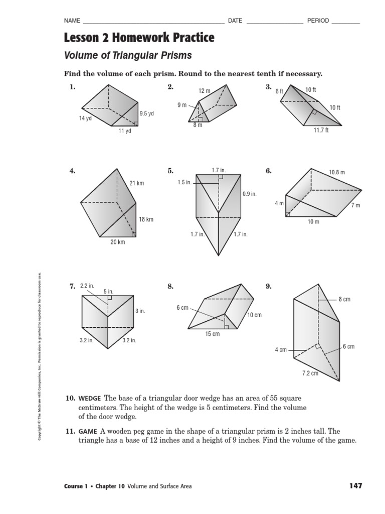 Lesson 2 Homework Practice: Volume of Triangular Prisms | PDF | Area