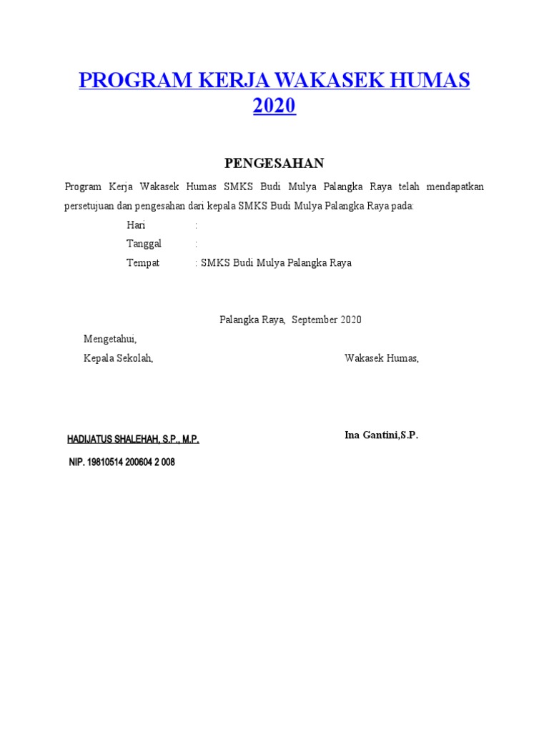 PROGRAM KERJA WAKASEK HUMAS 2020 (Lengkap) | PDF