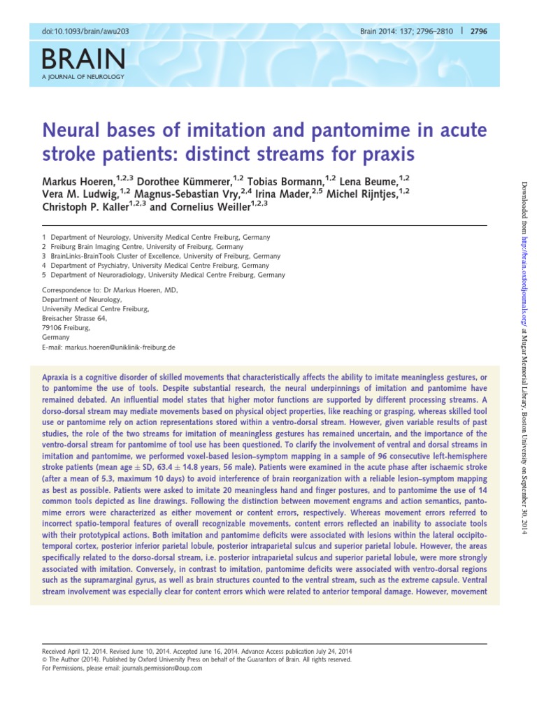 Neural Bases of Imitation and Pantomime in Acute Stroke Patients - Distinct Streams For Praxis ...