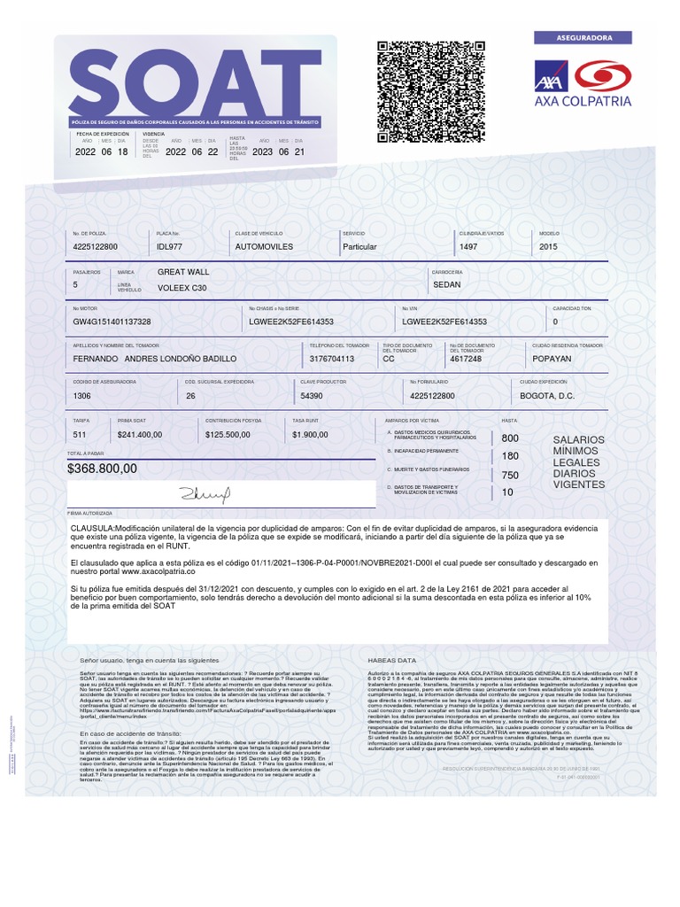 Soat 2022 2023 | PDF | Póliza de seguros | Seguro