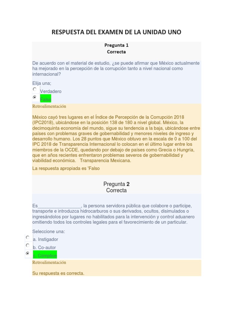 Respuesta Del Examen de La Unidad Uno | PDF | Corrupción política ...
