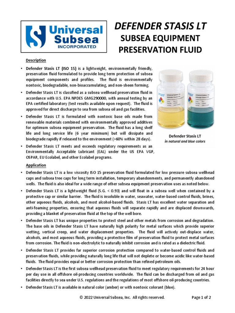 Universal Subsea - Defender Stasis LT Preservation Fluid | PDF ...