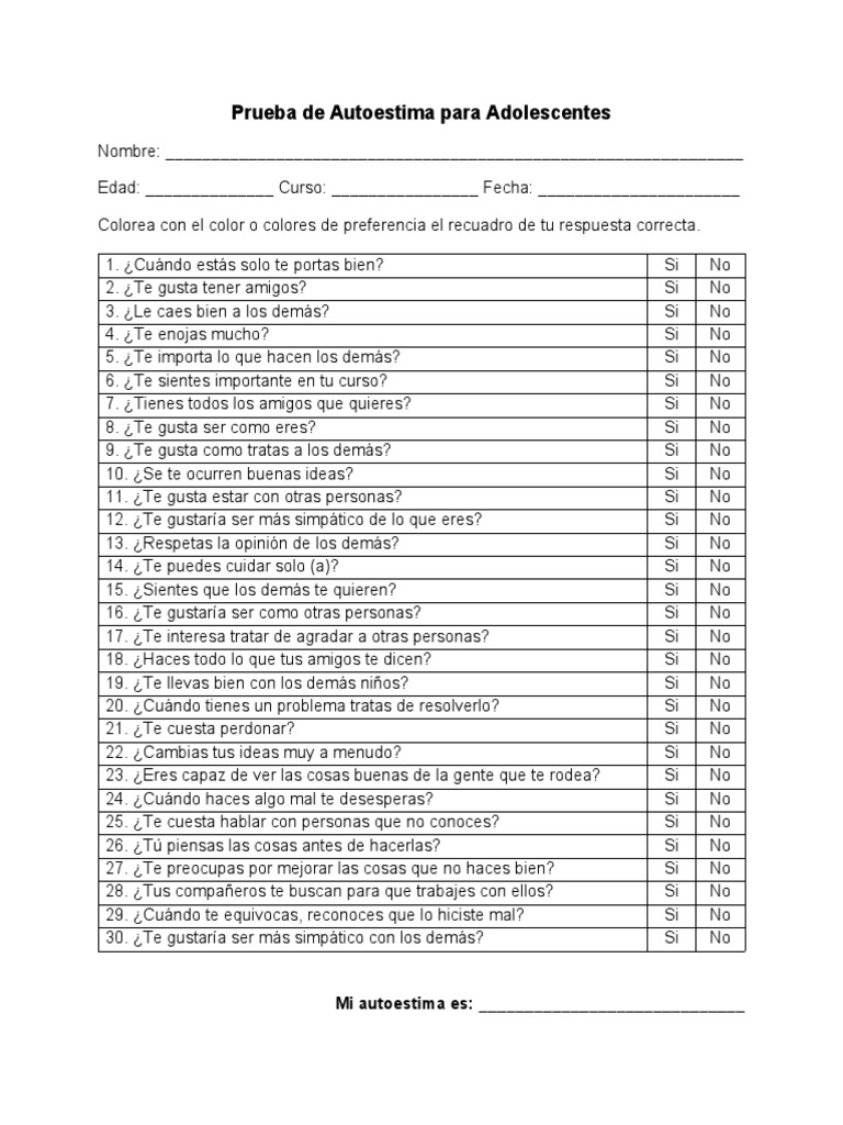 Resultados de la Prueba de Autoestima para Adolescentes | PDF