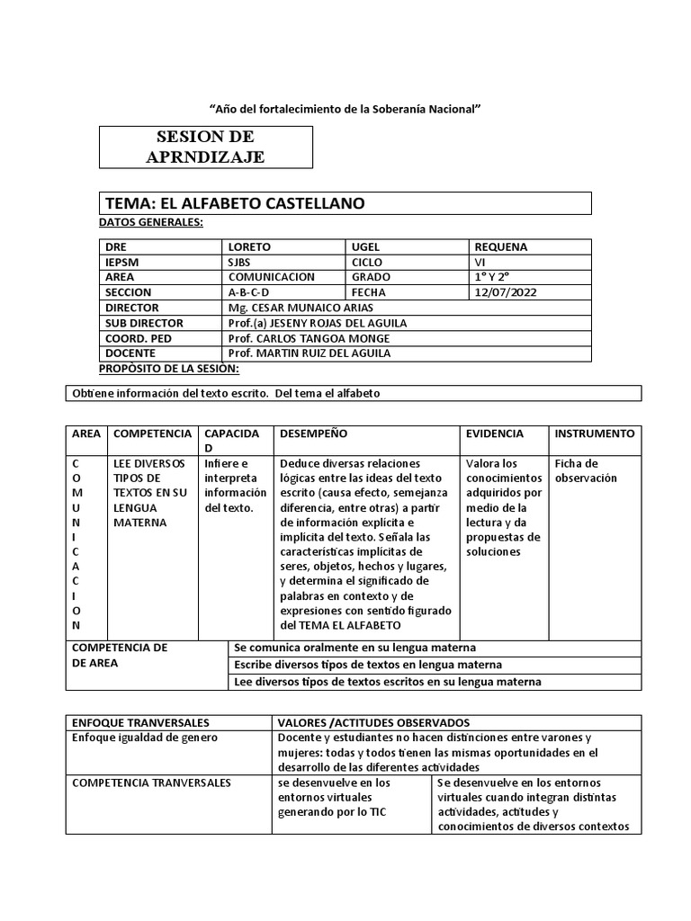 Sesion de Aprendisaje EL ALFABETO | PDF | Aprendizaje | Evaluación