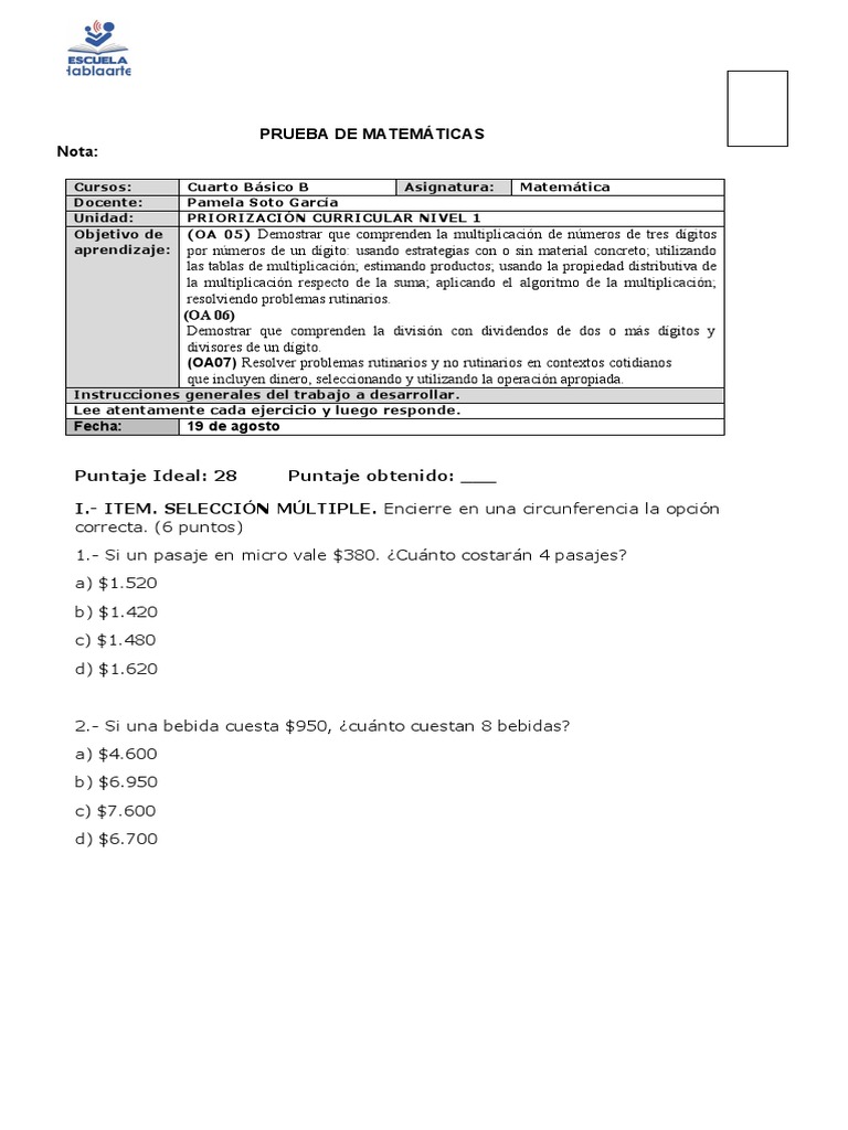 Prueba de Matemáticas 4° Básico | PDF | Matemáticas | Cognición