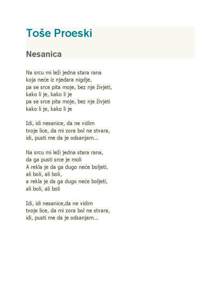 Toše Proeski - NESANICA | PDF