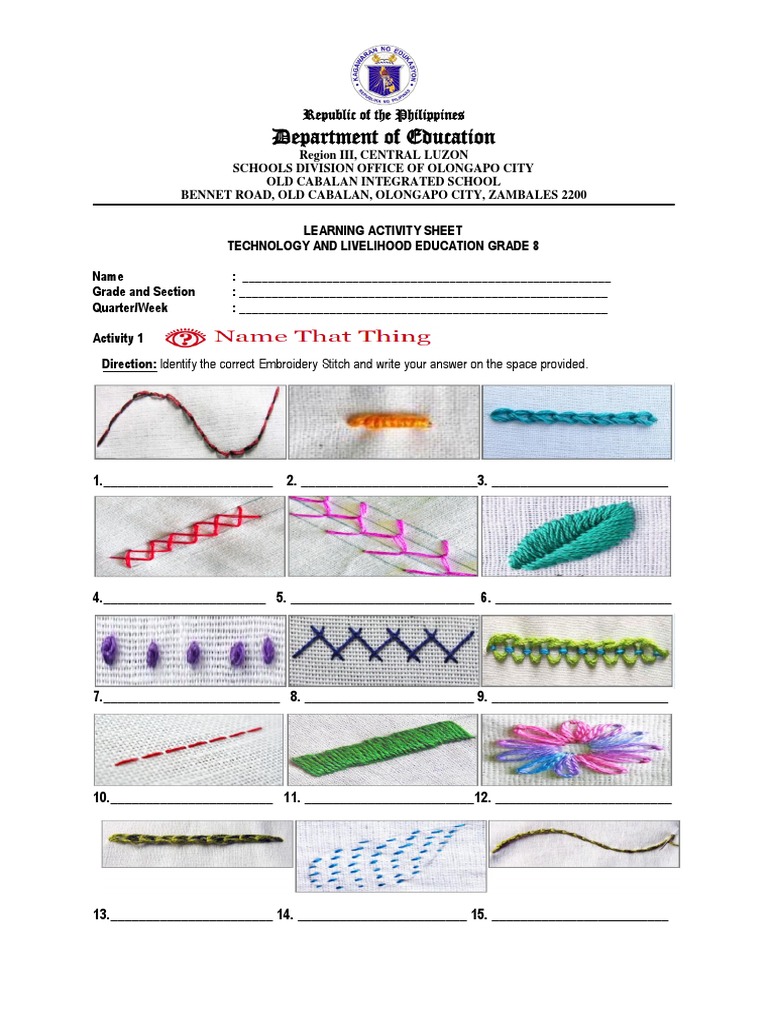 Grade 8 Embroidery Activity Sheet | PDF | Embroidery | Handicrafts