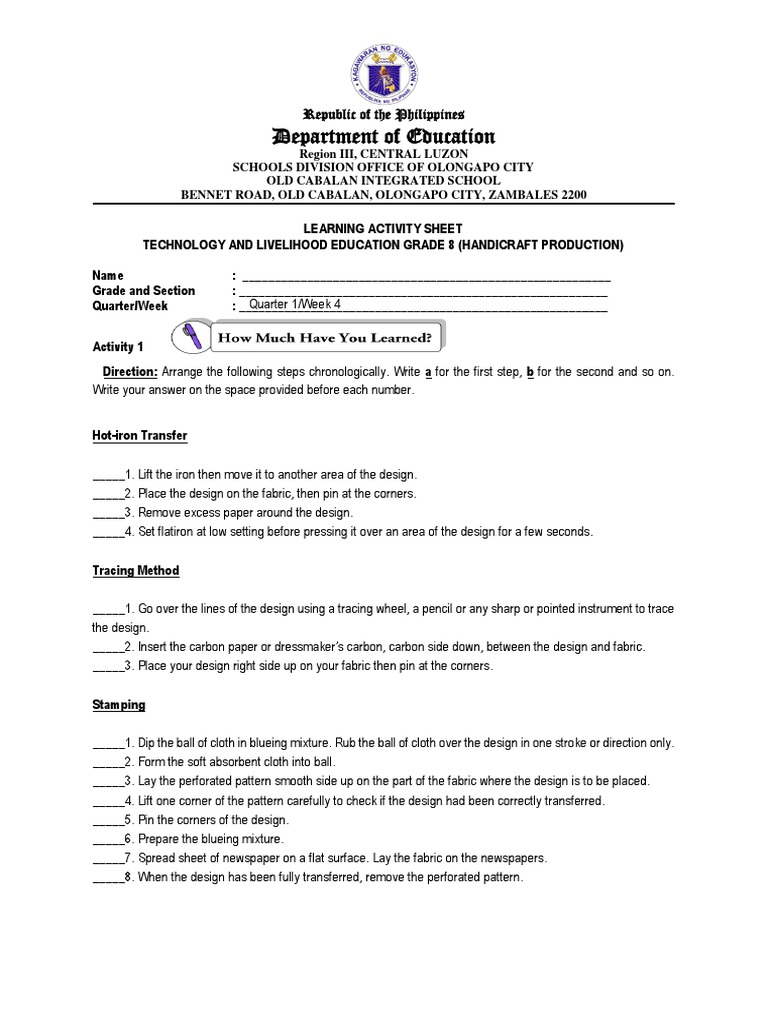 Grade 8 Handicraft Production Activities | PDF | Embroidery | Sewing
