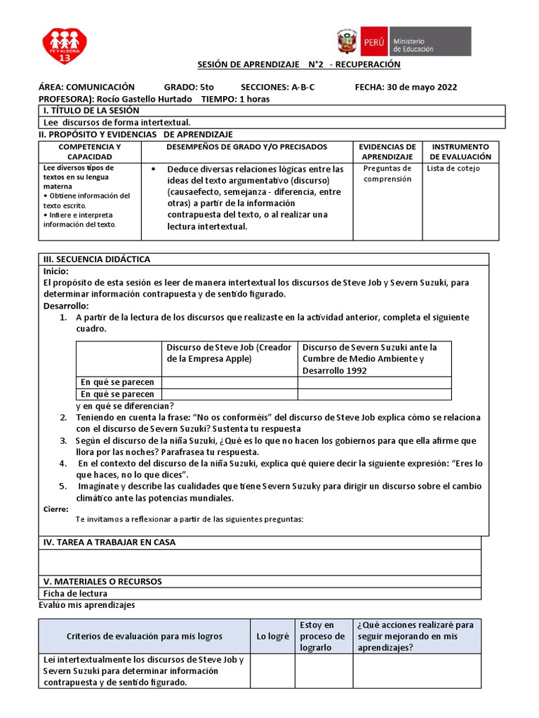 Sesión de Aprendizaje #2 Refuerzo | Descargar gratis PDF | Aprendizaje | Evaluación