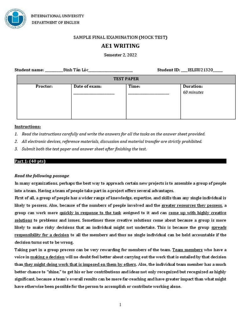 Sample AE1 Writing Final Test - Mock Test | PDF | Aggression | Test ...