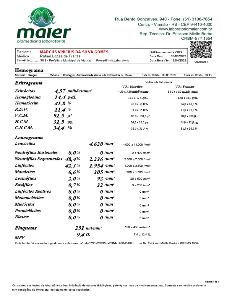 Resultados de exames laboratoriais de paciente de 19 anos com hemograma ...