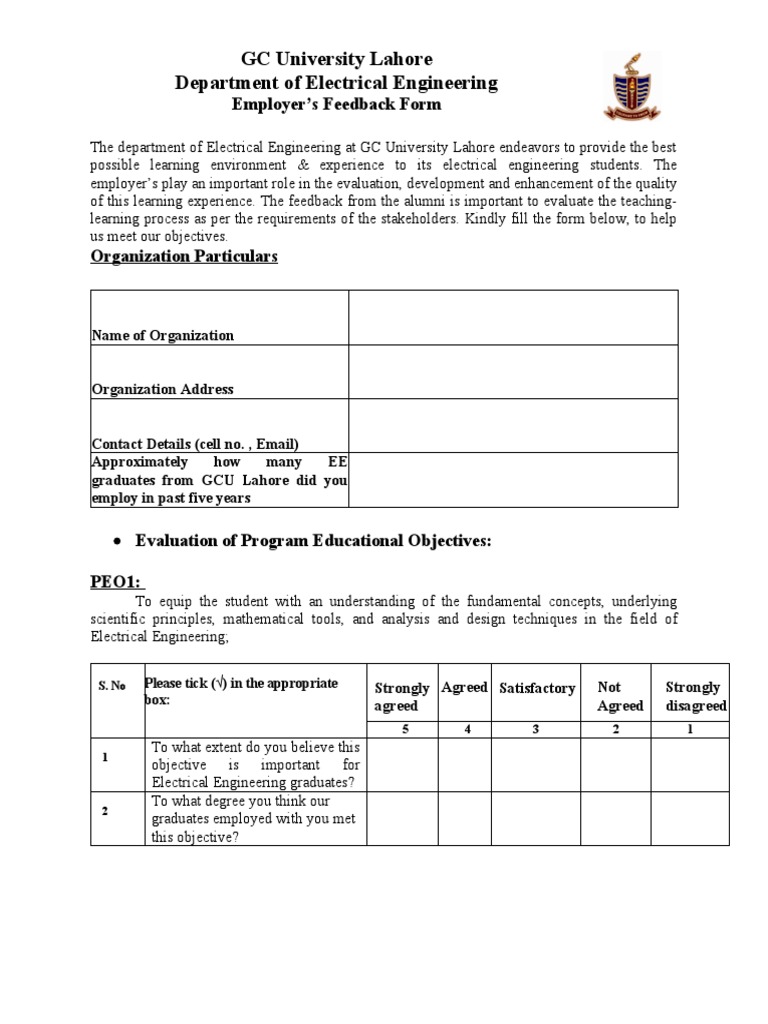 Employer Feedback Form Gcu OBE | PDF | Engineering | Learning