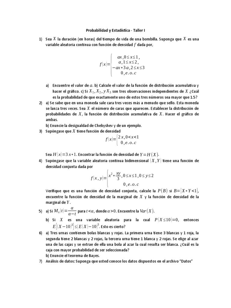 Taller I | PDF | Función de densidad de probabilidad | Variable aleatoria