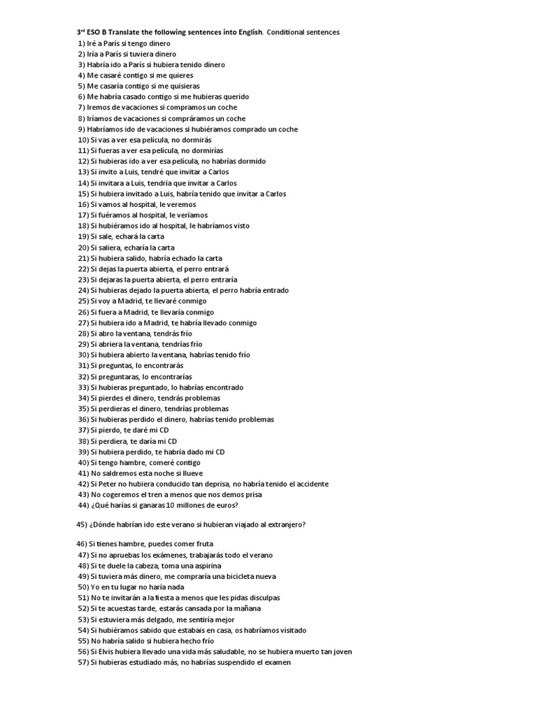 3rd ESO B Translate The Following Sentences Into English Conditionals | PDF