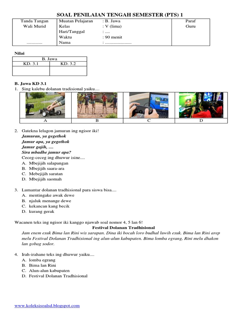 Soal Pts Semester 1 Kelas 5 B. Jawa | PDF