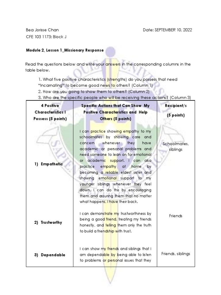 Missionary Response: Positive Traits Action Plan | PDF | Empathy ...
