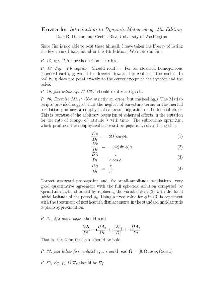 Errata-Dynamic Meteorology Holton | PDF | Physics | Applied And ...
