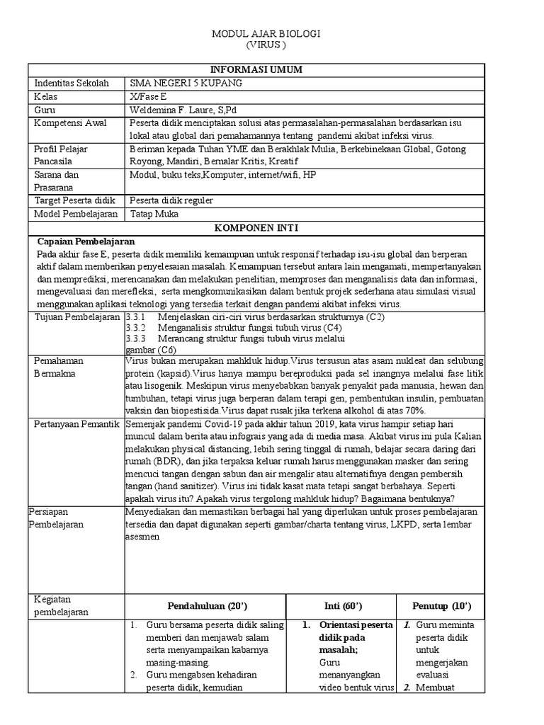 Modul Ajar Virus Pert 1 | PDF