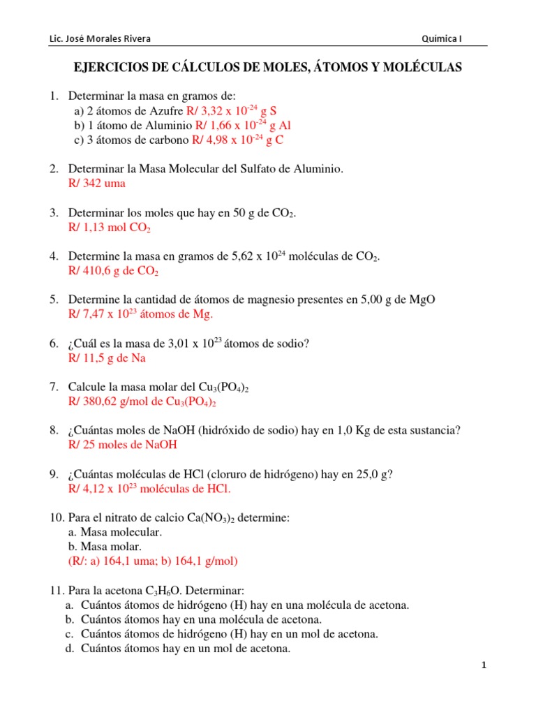 Ejercicios de Calculos de Moles, Átomos y Moléculas (Quimica I) | PDF | Mole (Unidad ...