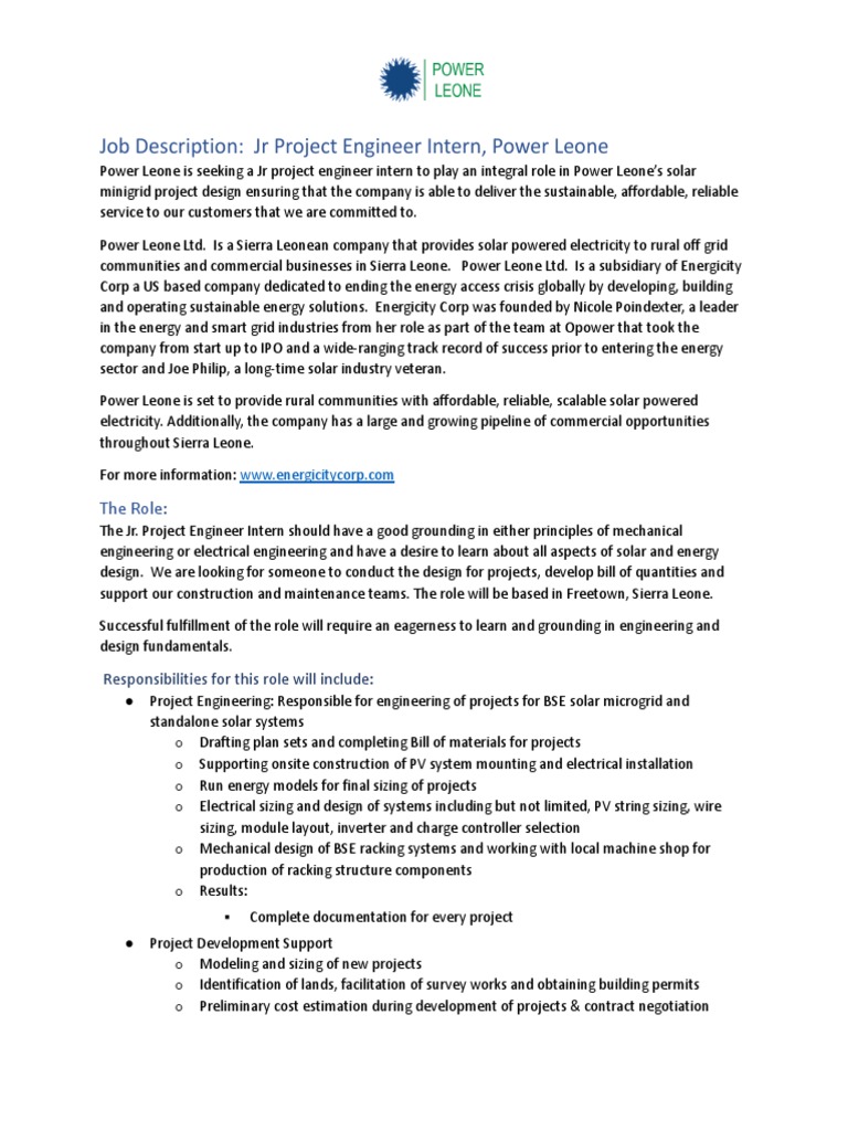 Designing Sustainable Energy Solutions: Junior Project Engineer Intern ...
