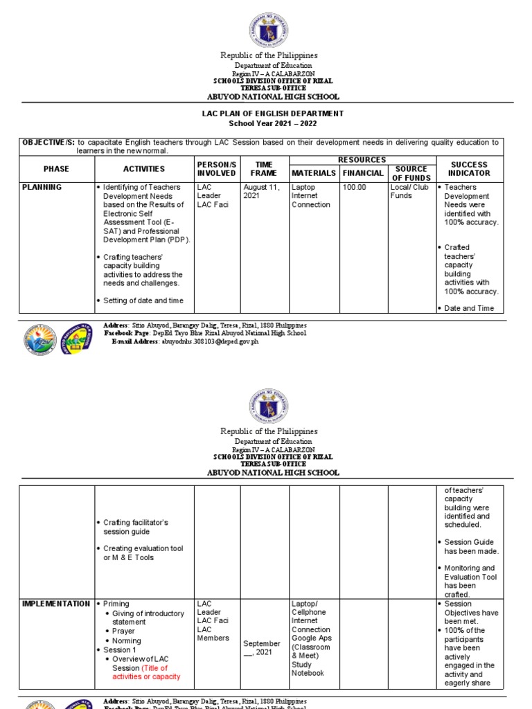 Lac Plan 2021-2022 | PDF | Behavior Modification | Communication