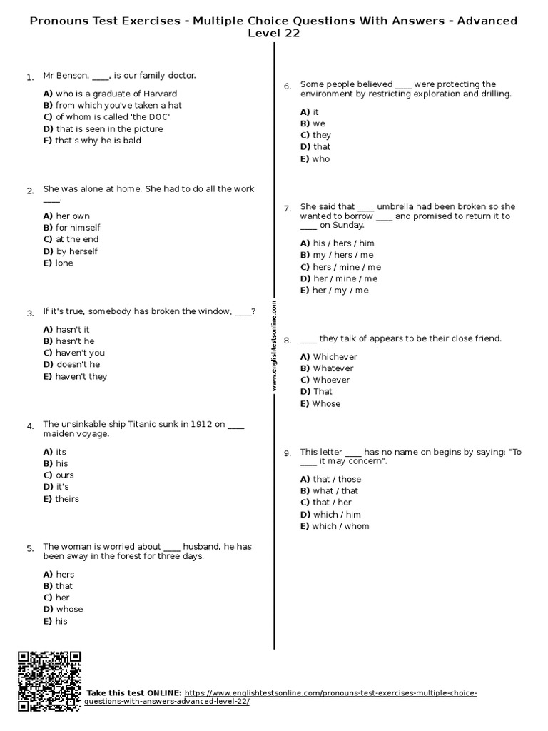 521 - Pronouns Test Exercises Multiple Choice Questions With Answers ...