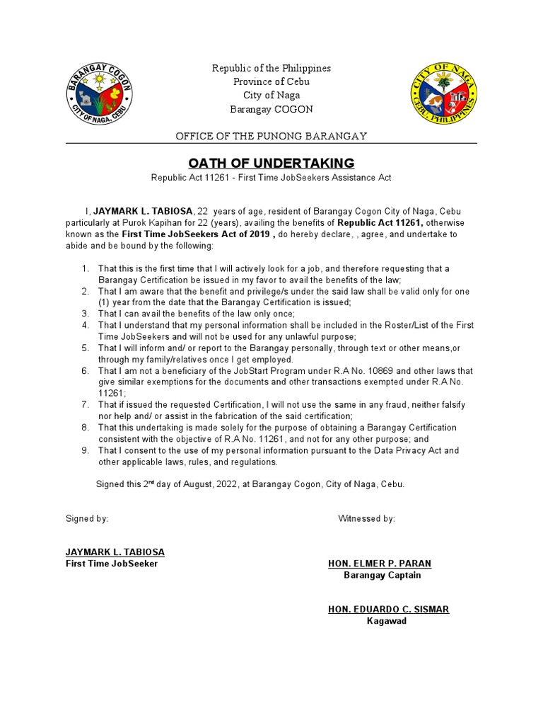 Barangay Oath of Undertaking for JobSeekers | PDF | Justice | Crime ...