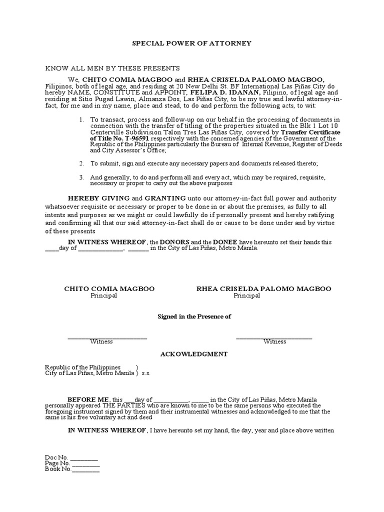 Special Power of Attorney for Property Transfer | PDF | Power Of ...