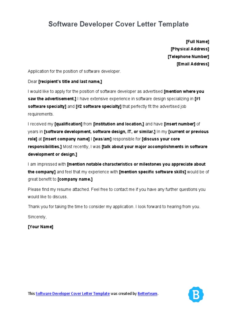 Software Developer Cover Letter Template Download 20201202 | PDF