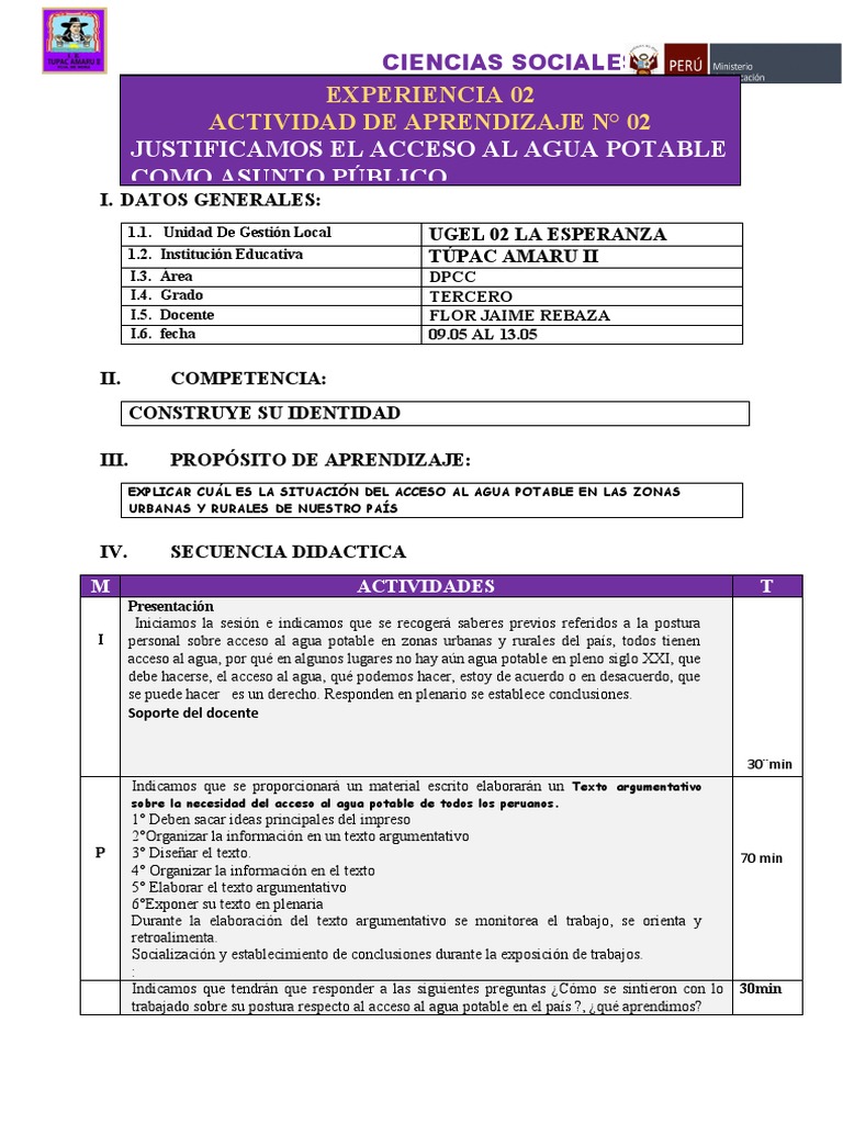 Actividad de Aprendizaje N°02 Exp 2 DPCC 3° | PDF | Agua | Agua potable