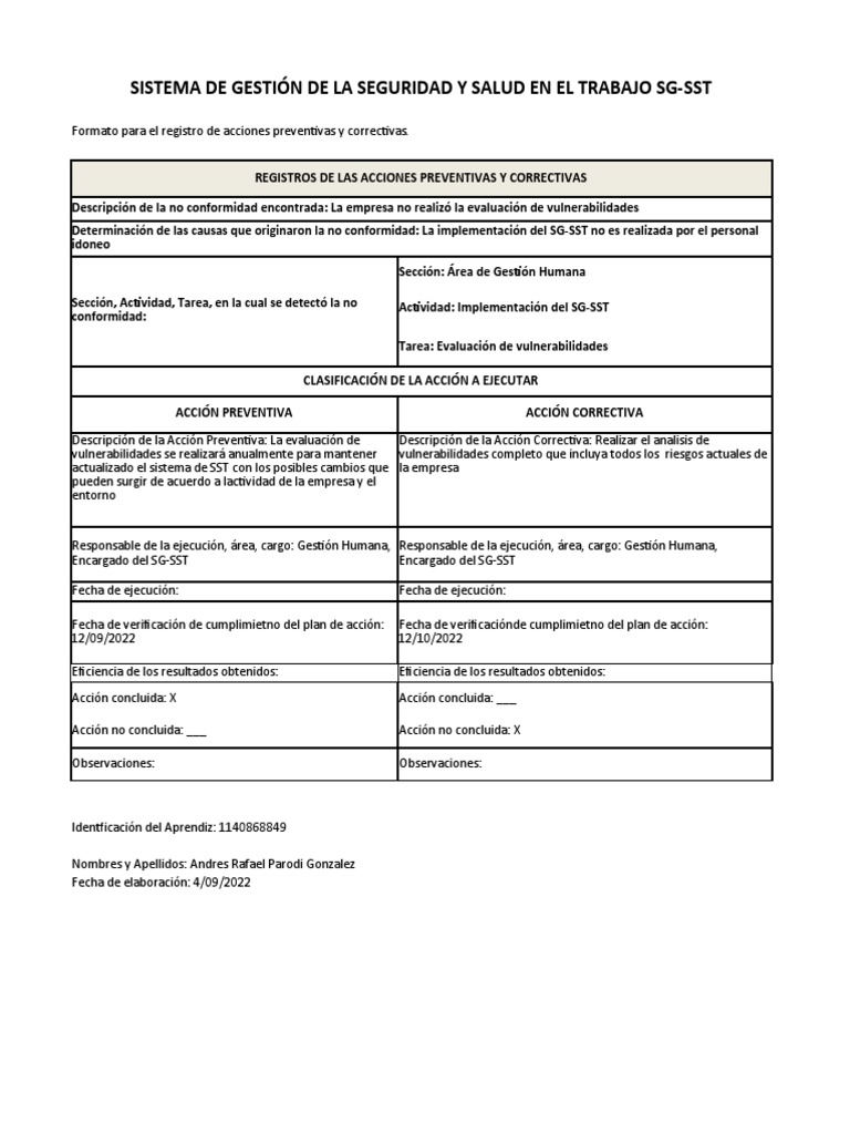Formato para El Registro de Acciones Preventivas y Correctivas | PDF