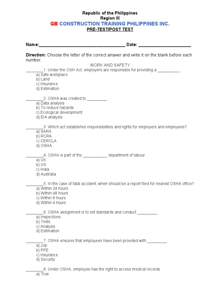 Post Test | PDF | Framing (Construction) | Occupational Safety And ...