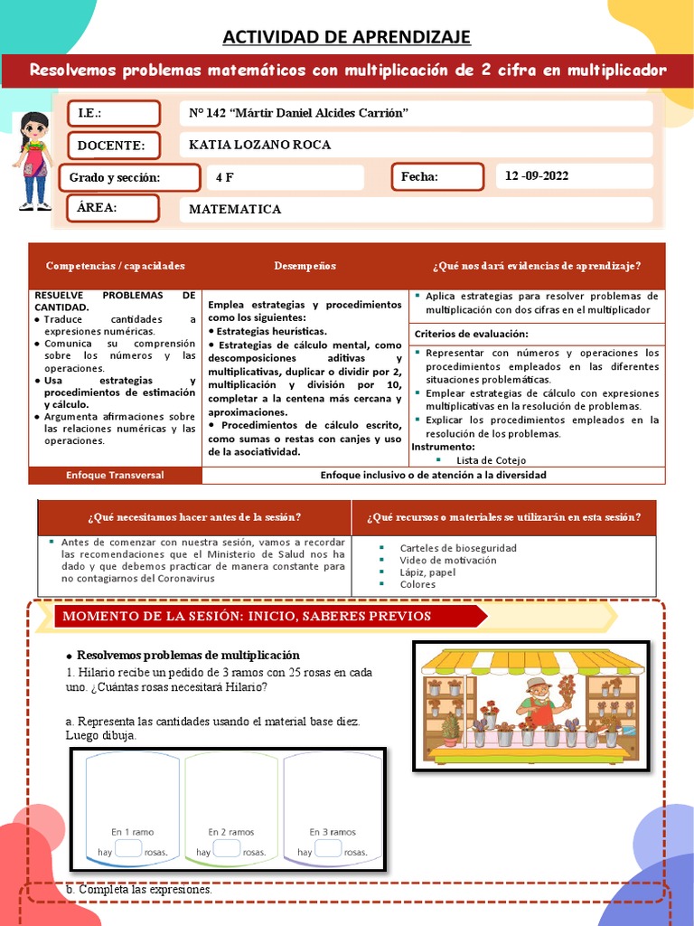 SESION MATEMATICA Resolvemos Problemas de Multiplicación Con Dos Cifras en El Multiplicador ...