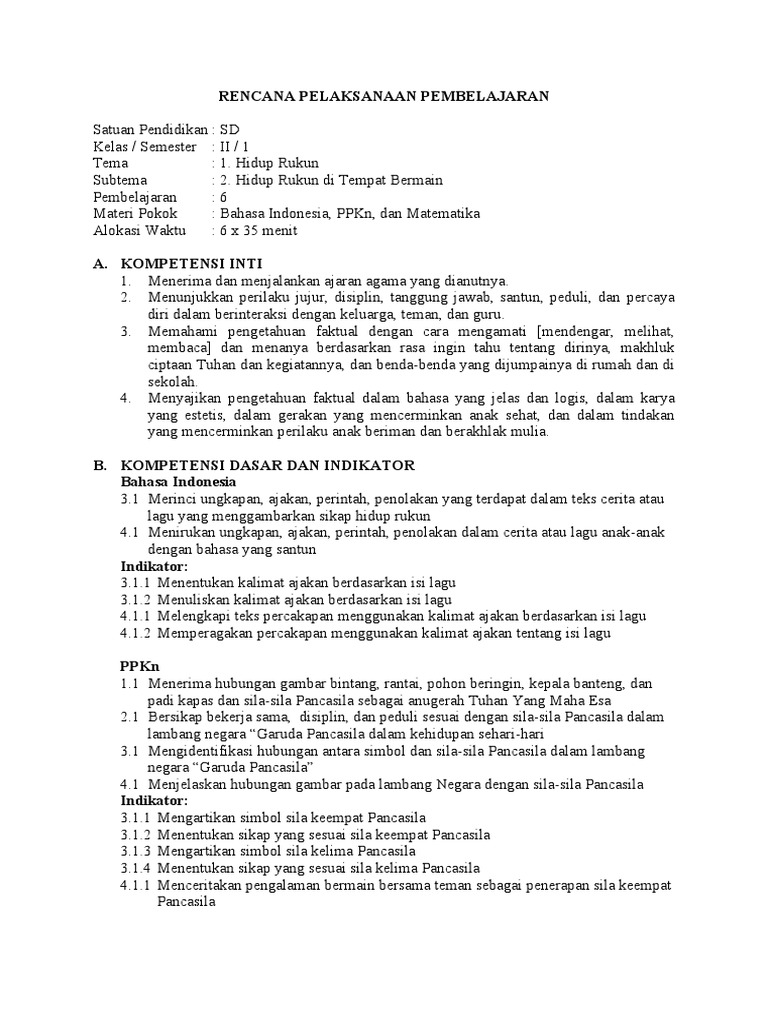 1 RPP Kelas 2 Tema 1 Sub 2 PB 6 | PDF
