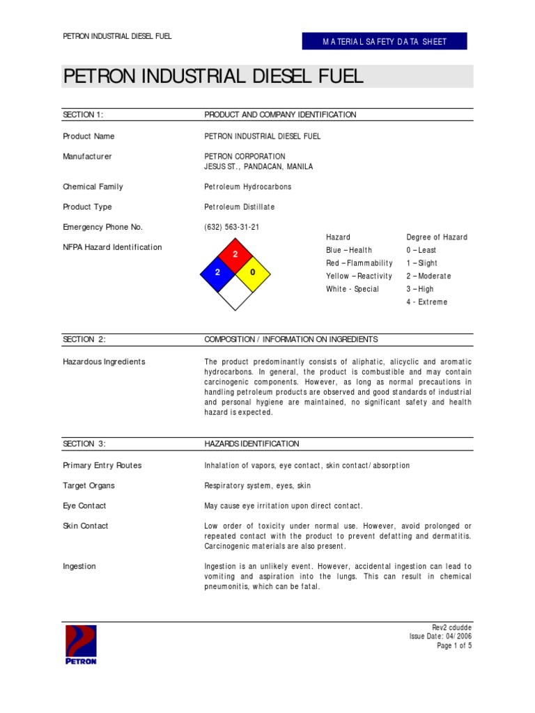 Microsoft Word - MSDS Petron Industrial Diesel Fuel | PDF | Combustion ...