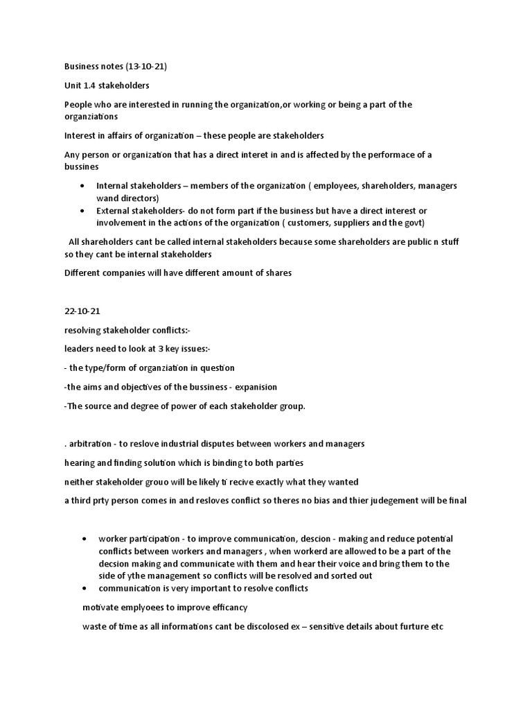 Business notes 1.4 stakeholders | PDF | Business | Economies
